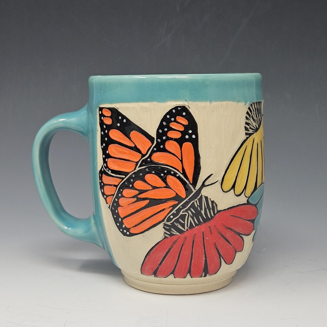 Handmade Sgraffito Mug With Monarch and Coneflowers Design: Turquoise ...