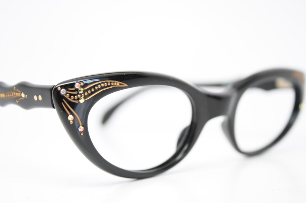 Black Cat Eye Glasses Vintage Rhinestone Cateye Frames Nos Etsy