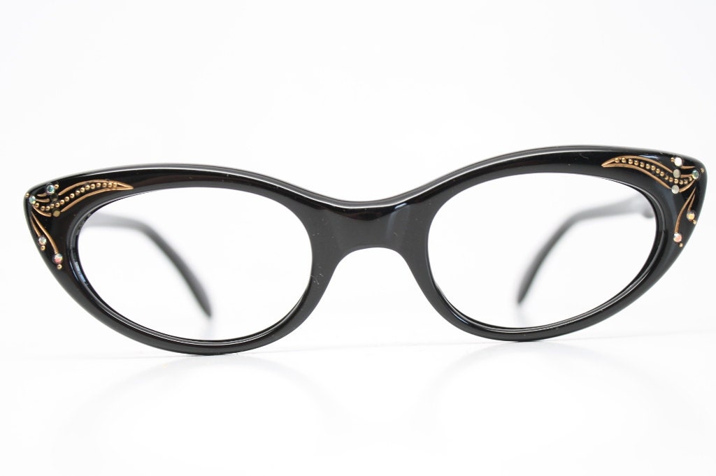 Black Cat Eye Glasses Vintage Rhinestone Cateye Frames Nos Etsy