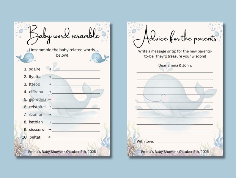 Blue Whale Baby Shower Bundle Boy, Printable Games + Welcome Sign ...