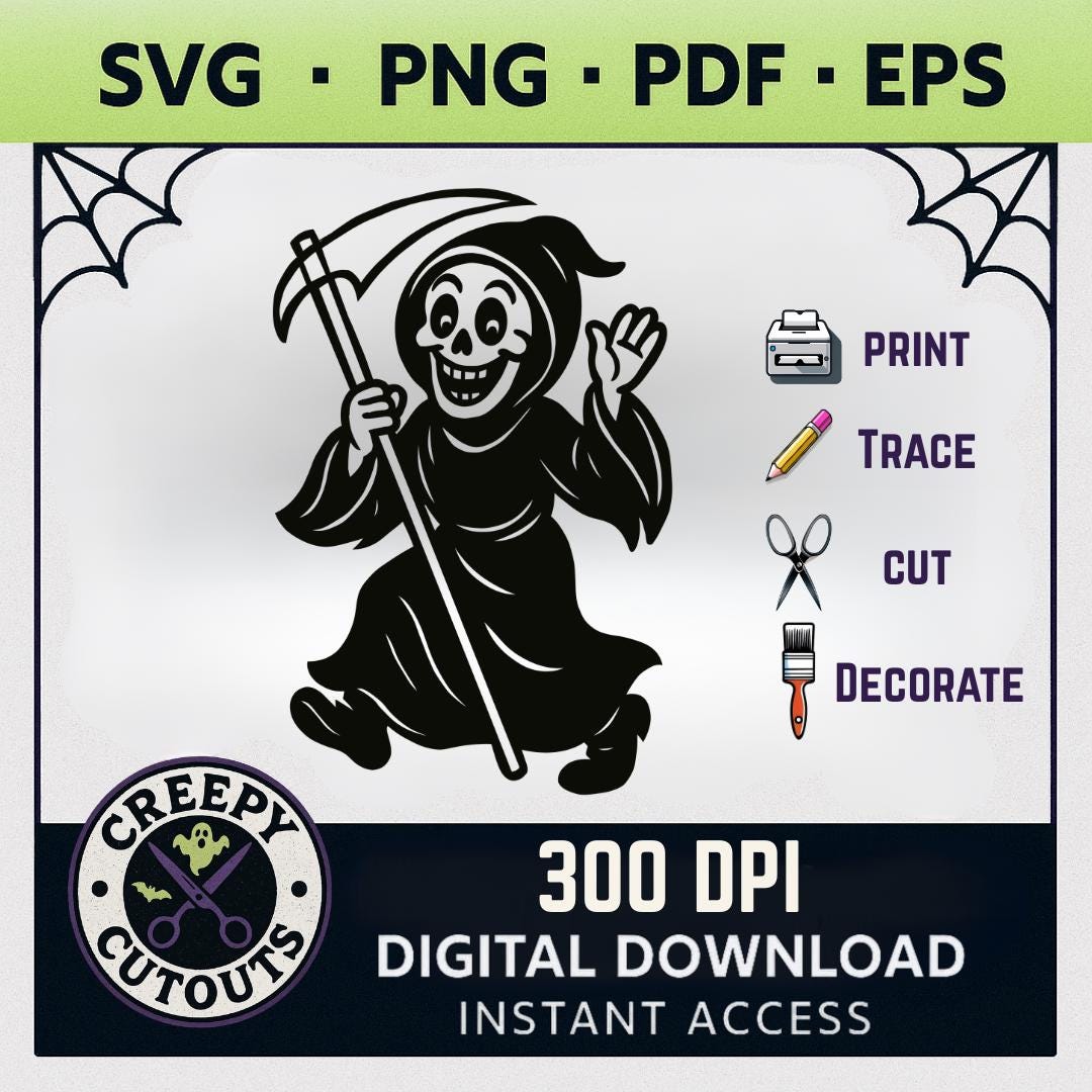 Grim Reaper Line Art – Vintage Halloween Skeleton Cutout | DIY Decor ...