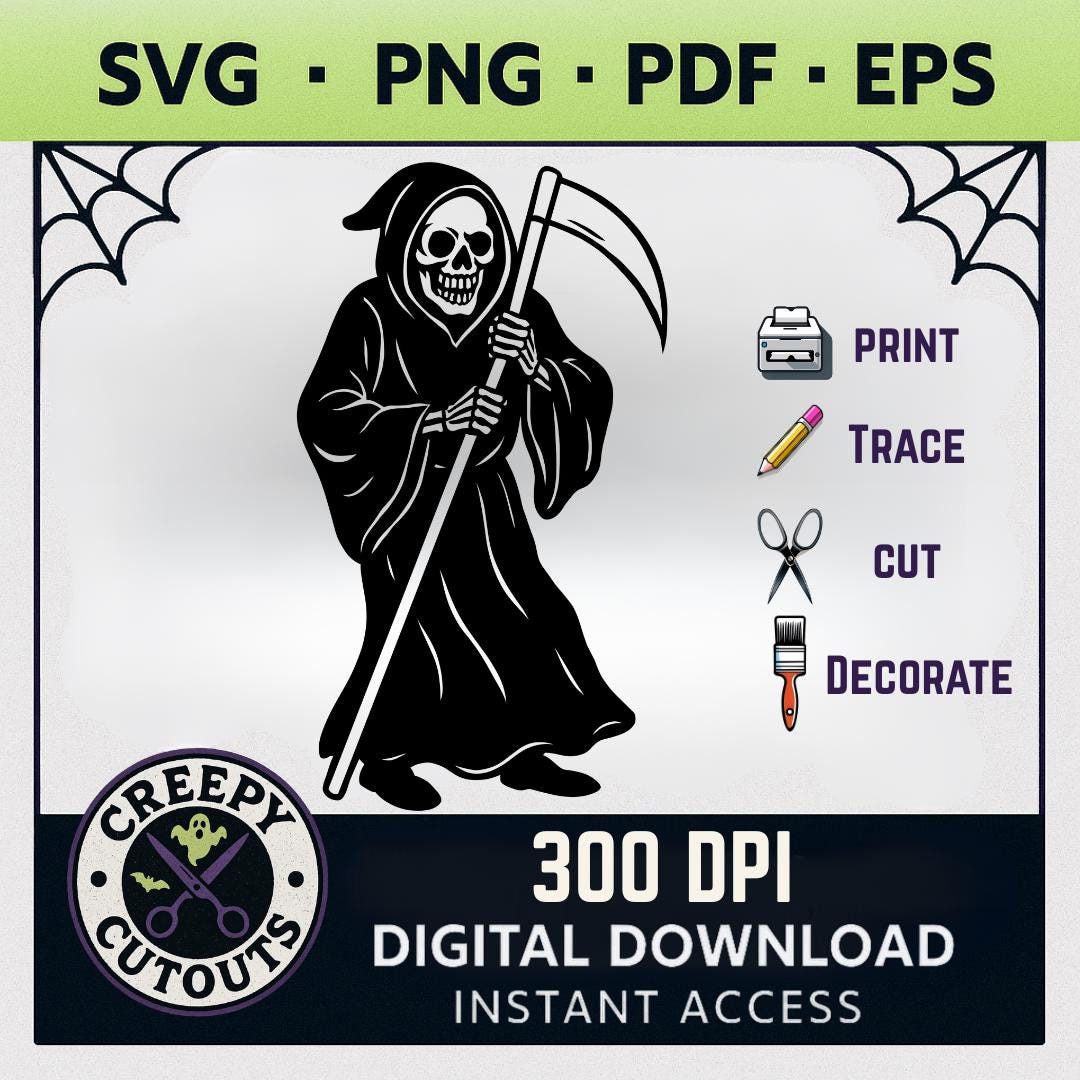 Grim Reaper Line Art – Halloween Skeleton Cutout for DIY Decor | Png ...