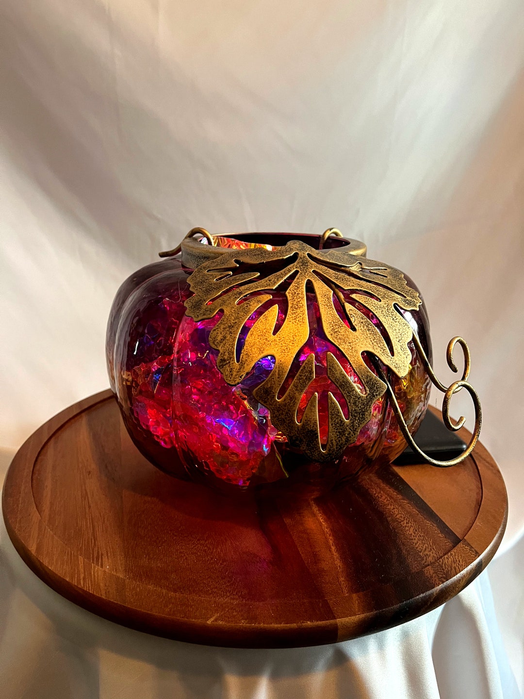 10" Pumpkin Lantern Light - Glass With Metal Leaves, Relaxing Breathing ...