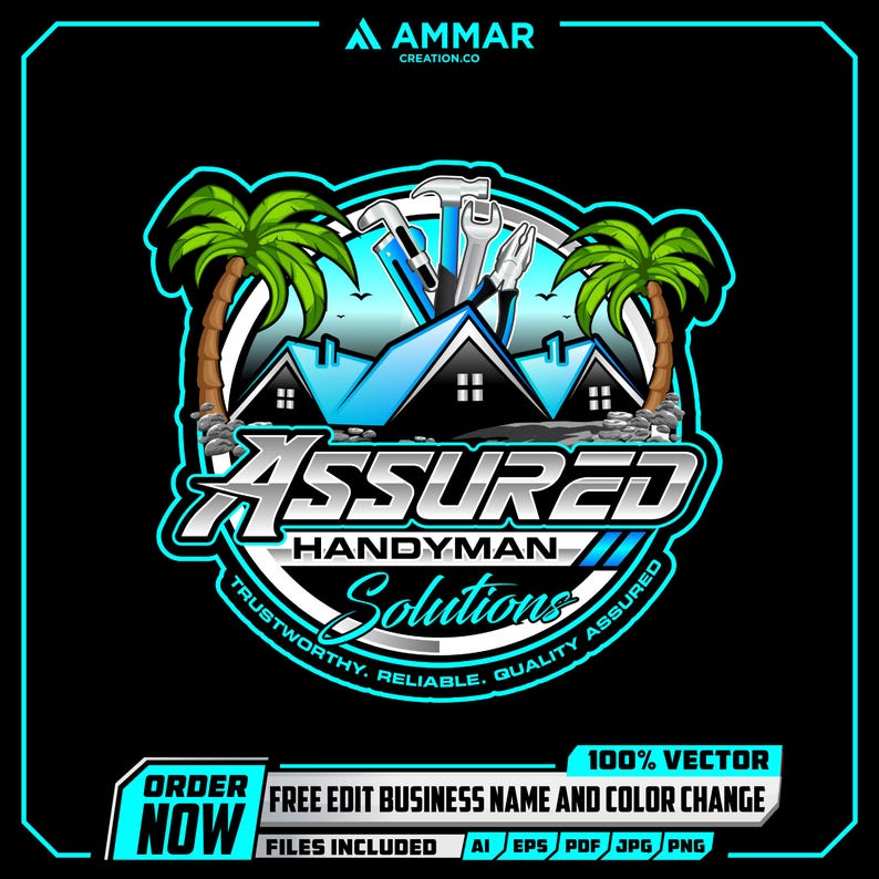 Custom Home Repair Logo, Palm Tree Logo, Handyman Logo, Construction ...