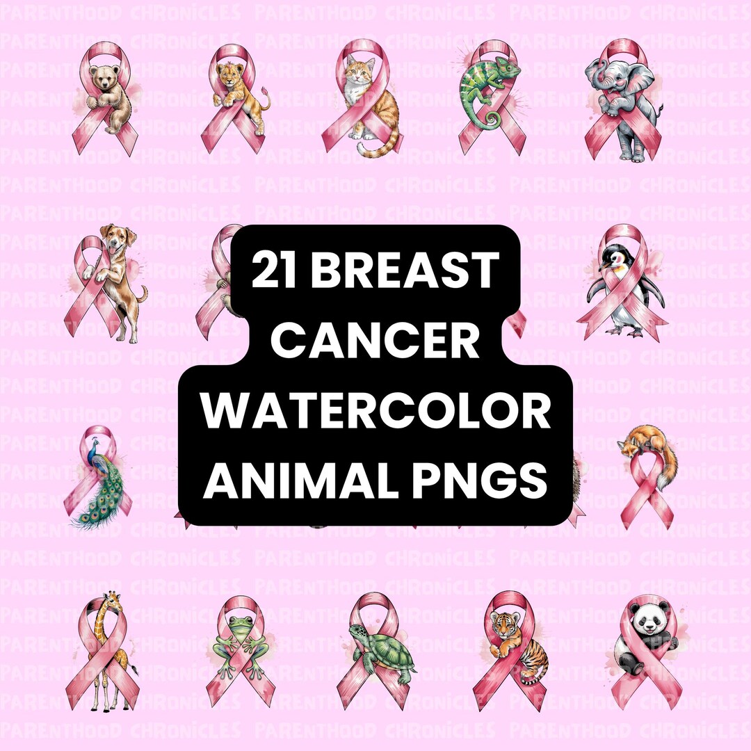 Watercolor Animal Breast Cancer Awareness Ribbon PNG Bundle - Etsy