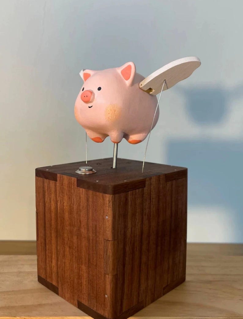 Wooden Flying Pig Automata – Mechanical Pig Music Box, Wood Carving ...