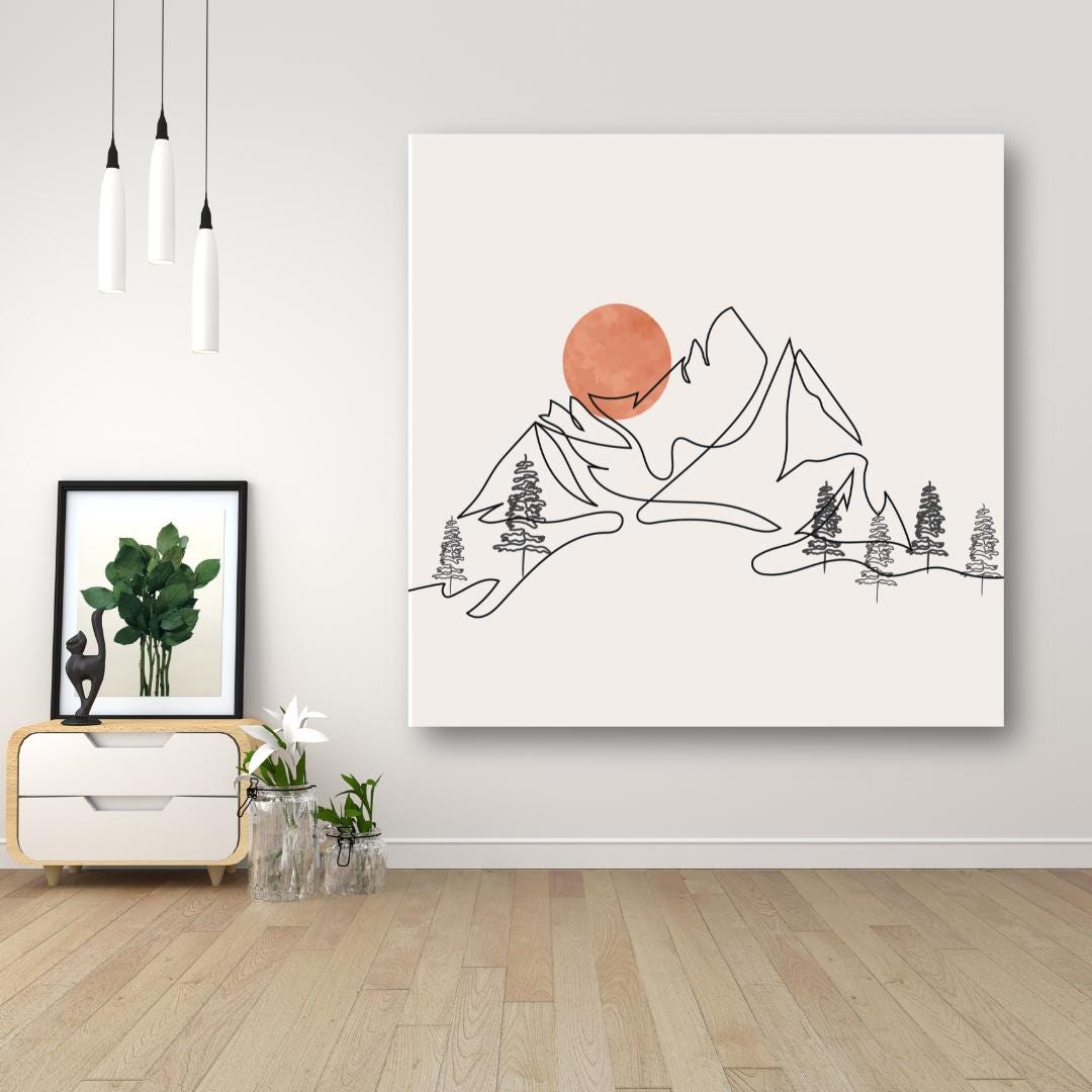 Minimalist Mountain Line Art Print – One Line Landscape With Boho Sun ...