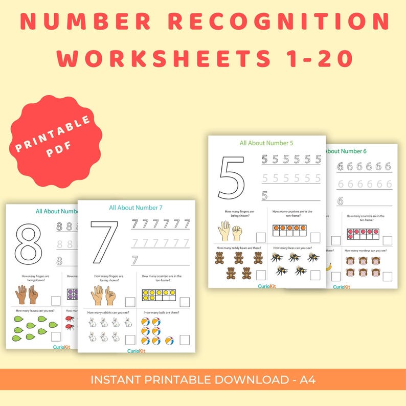 Number Recognition Worksheets 1-20: Preschool Kindergarten Math ...