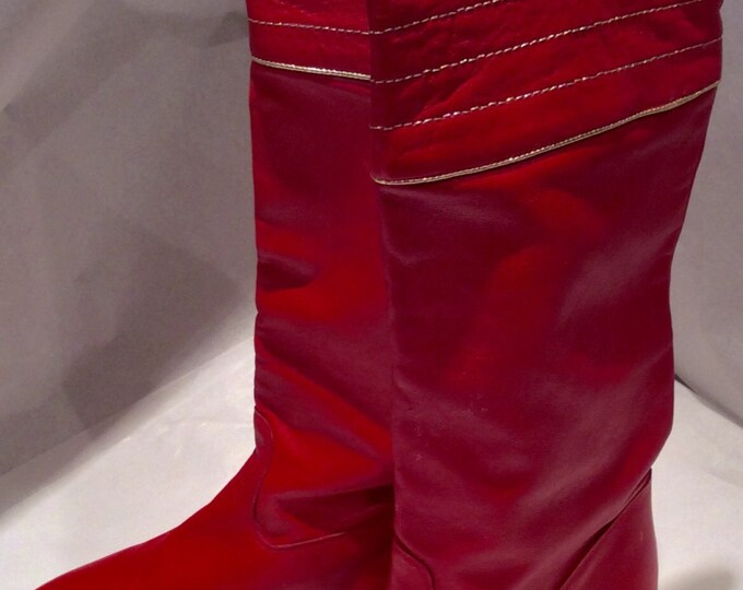 Stunning Vintage Cherry Red & Gold Leather Tall Ladies Boots Size 6.5 ...