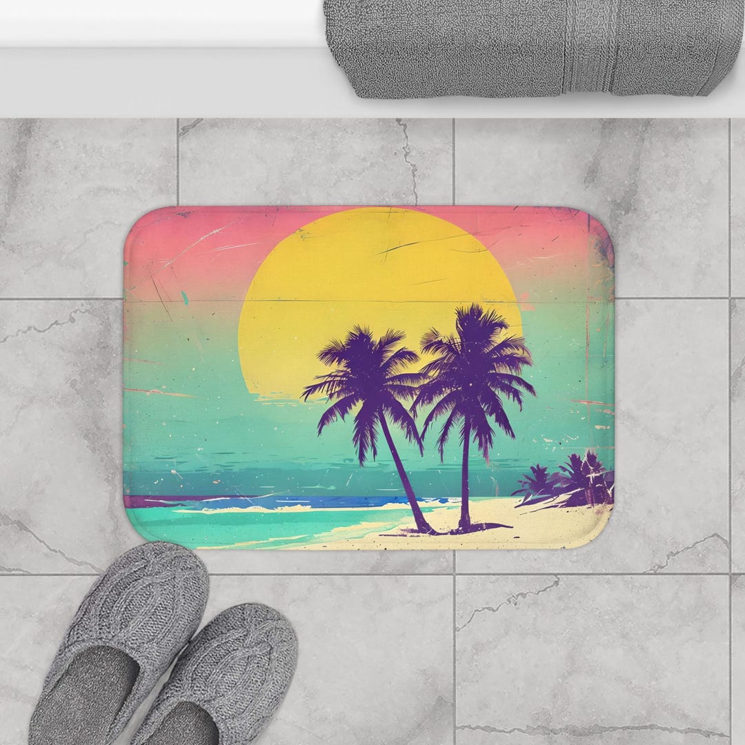 Coastal Sunset Palm Tree Bath Mat | Beach Bathroom Decor | Memory Foam ...