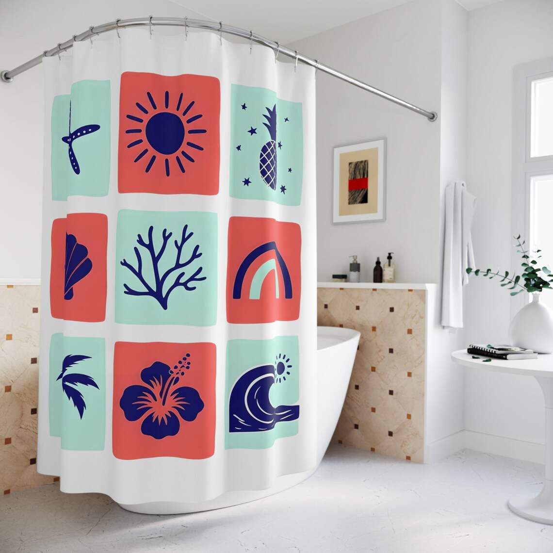 Coastal Pop Blocks Shower Curtain | Nautical Bathroom Decor | Beach ...