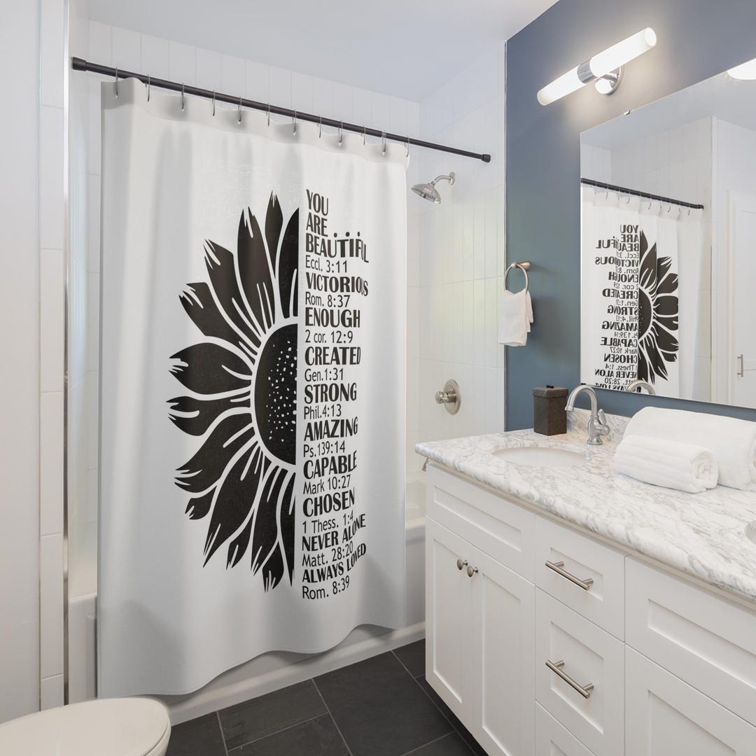 Bible Verse Sunflower Shower Curtain | Christian Bathroom Decor ...