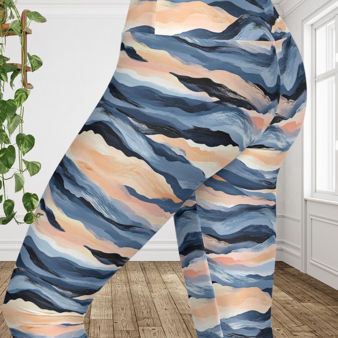 Blue Coastal Wave Leggings | Abstract Ocean Print Yoga Pants for Women ...