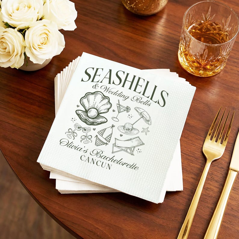 Seashells and Wedding Bells Custom Napkin, Beach Bachelorette Party ...