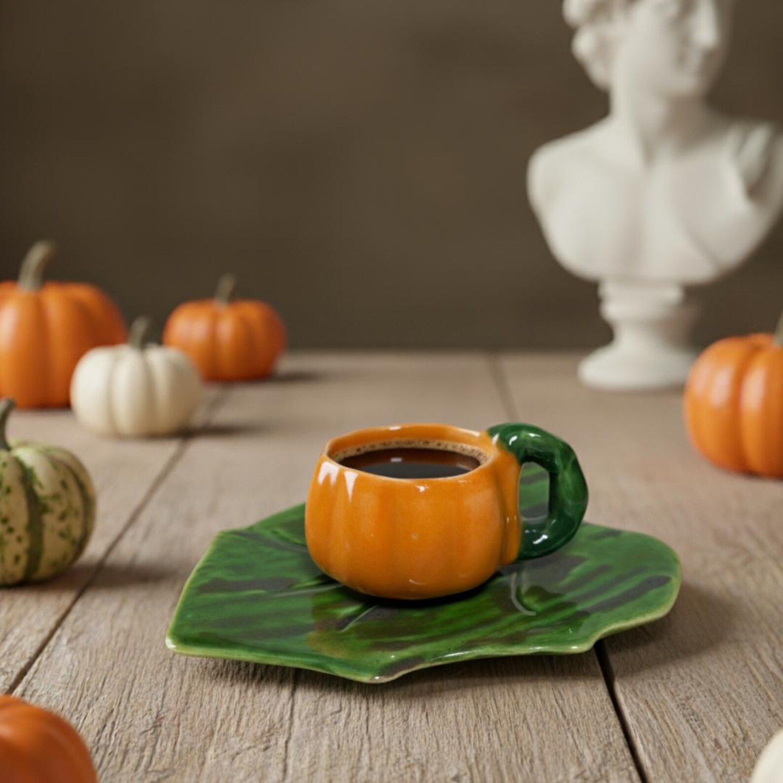 Pumpkin Ceramic Cup and Leaf Saucer, Handmade Fall Coffee Cup ...