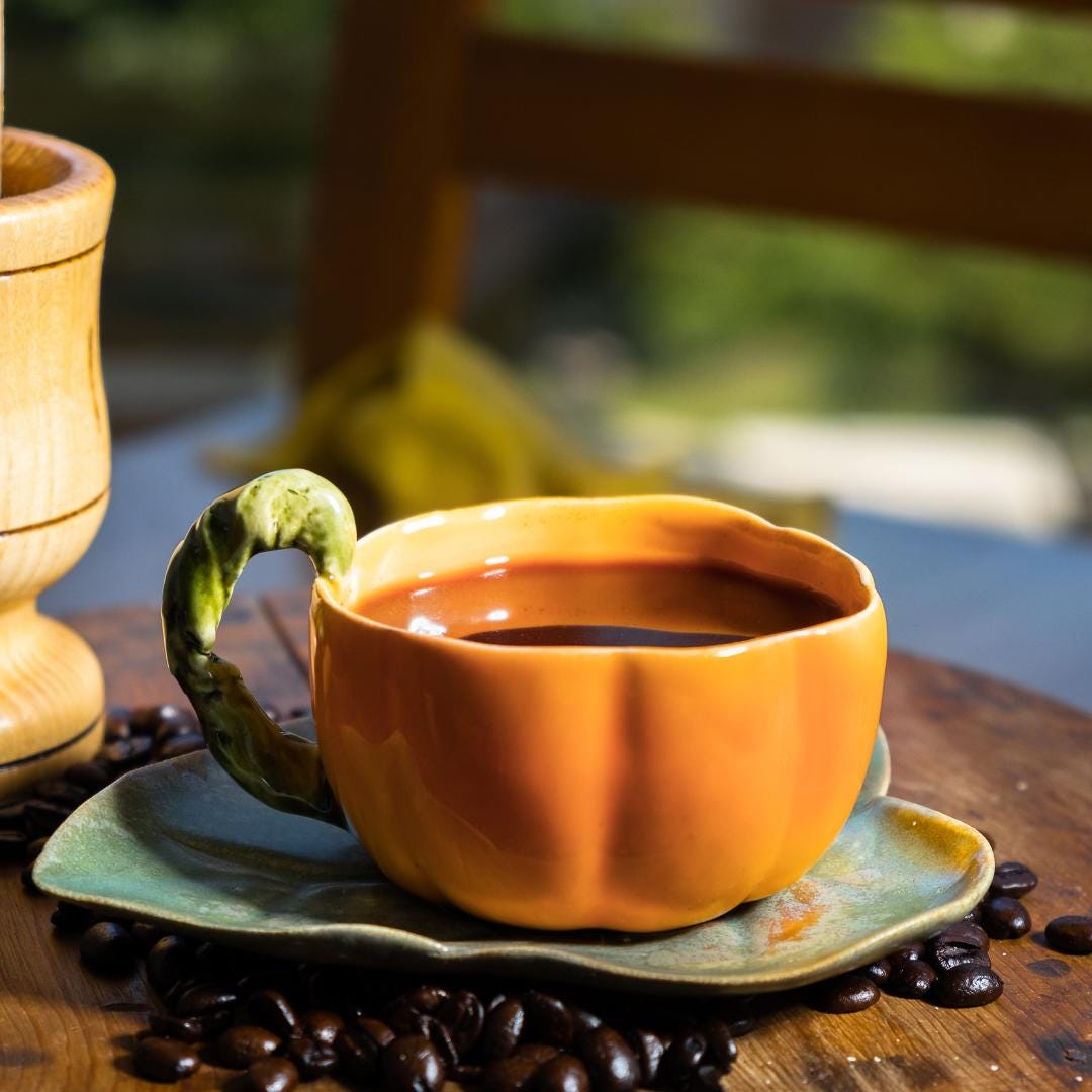 Pumpkin Ceramic Cup and Leaf Saucer, Handmade Fall Coffee Cup ...