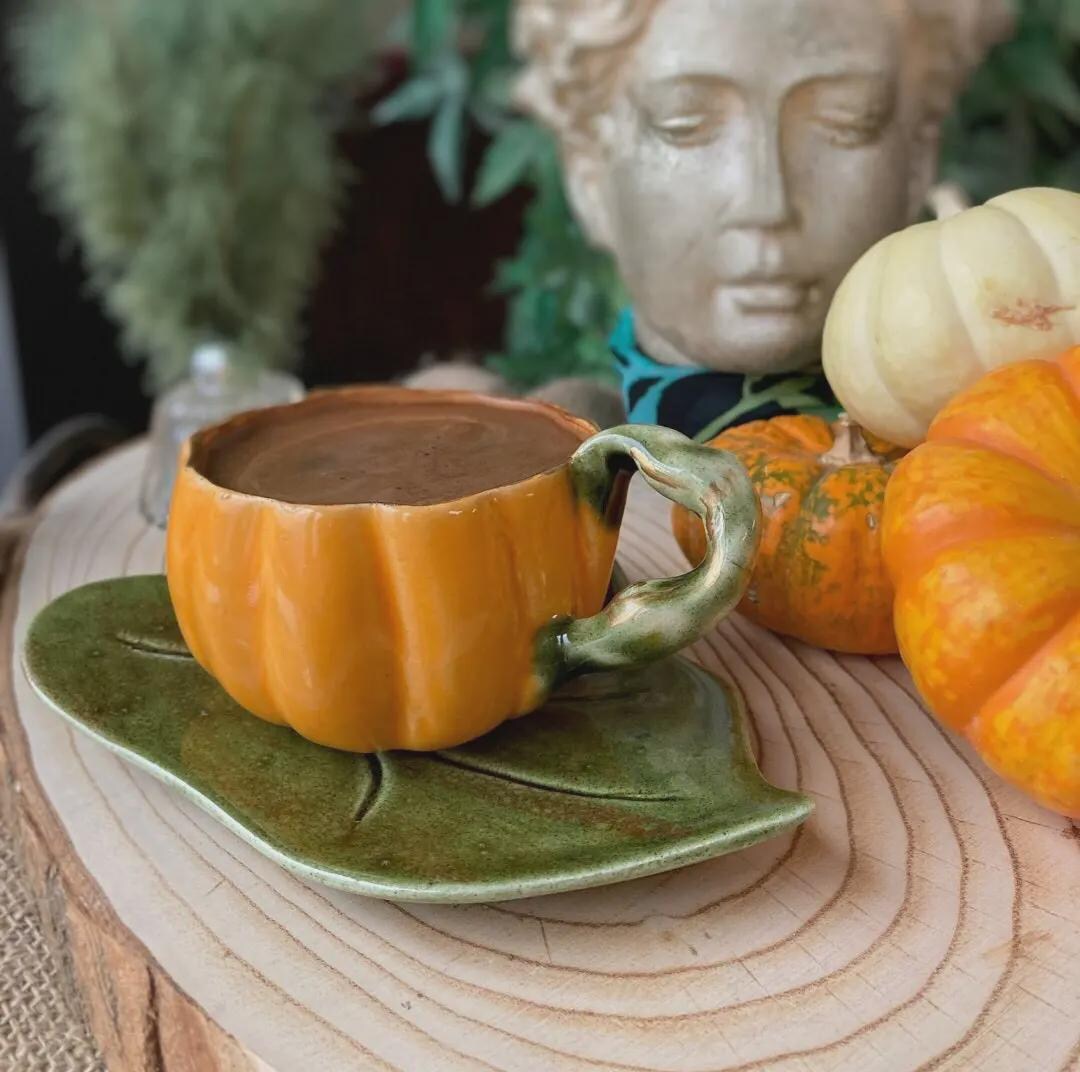 Pumpkin Ceramic Cup and Leaf Saucer, Handmade Fall Coffee Cup ...
