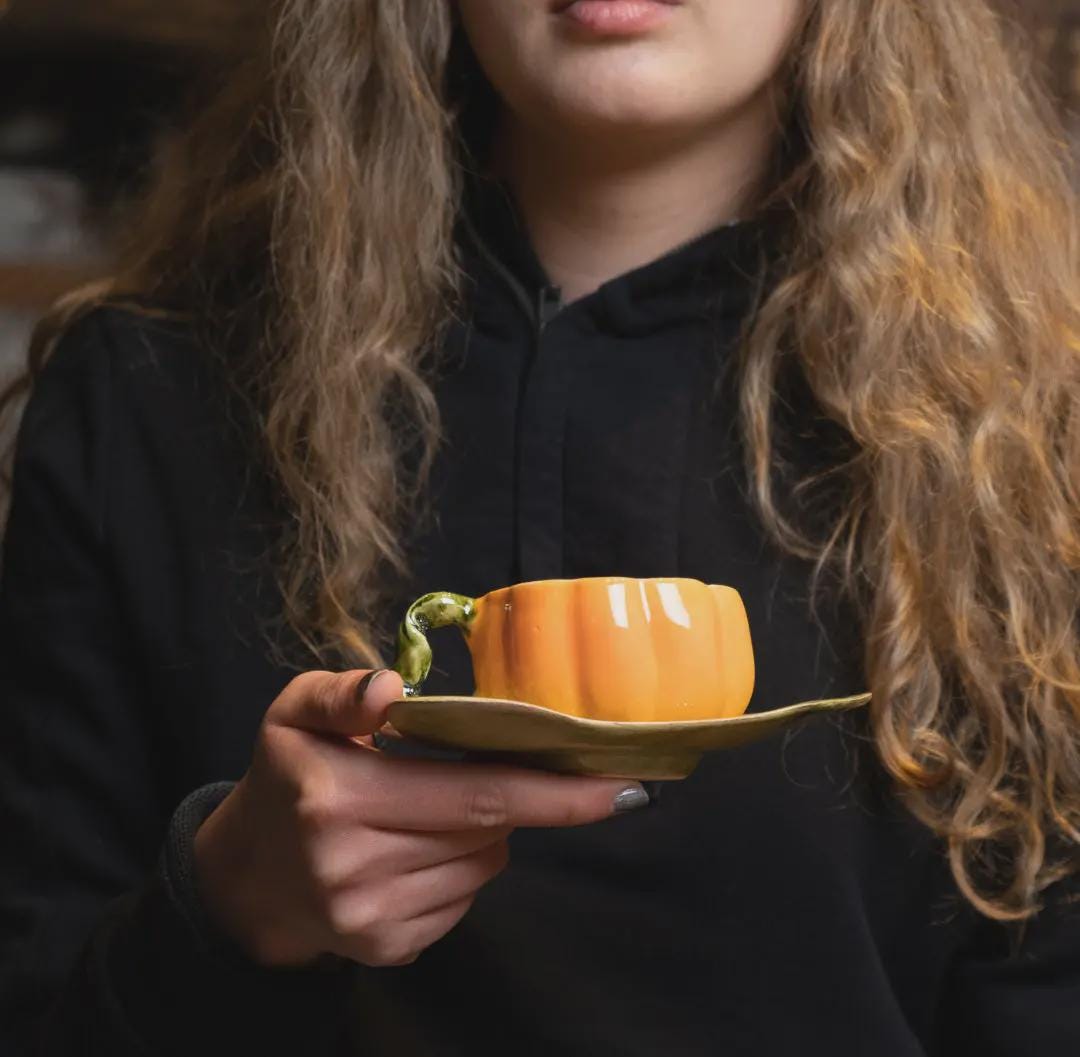 Pumpkin Ceramic Cup and Leaf Saucer, Handmade Fall Coffee Cup ...