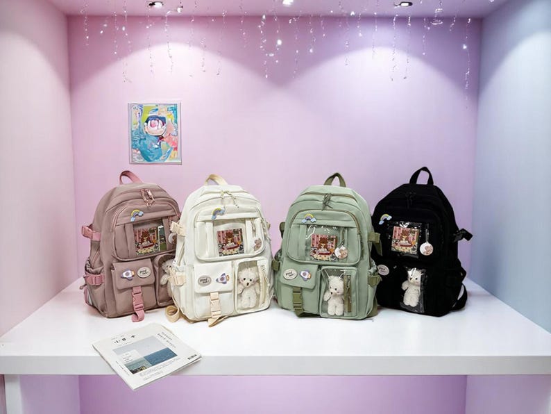 Kawaii Teddy Bear Ita Backpack, Plush Charm Clear Window Bag, Cute ...