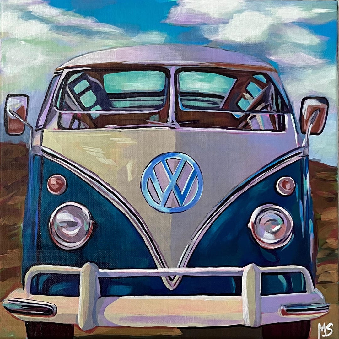 Blue VW Volkswagen Bus Painting Square Giclee Art Print - Etsy