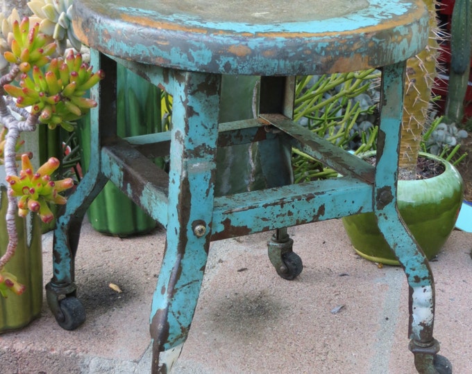 Distressed Rustic Turquoise Steel & Wood Industrial Footstool: Rolling ...