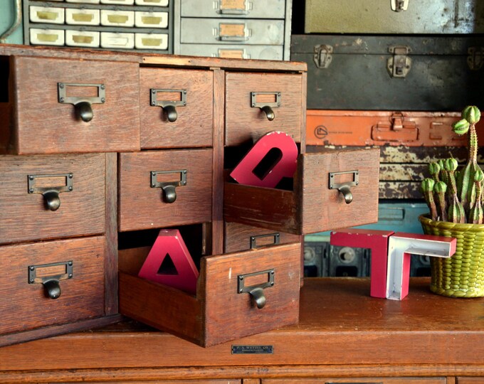 Wooden Library Card Catalog / Index File Cabinet: 9 Drawer Oak Office ...