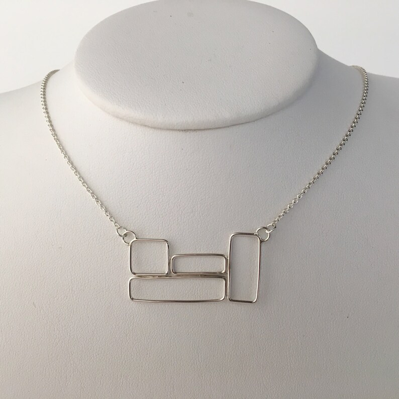 Sterling Silver Geometric Necklace, Rectangular Cluster Statement ...