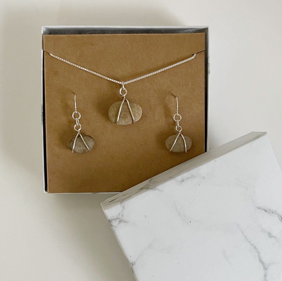 Beach Stone Jewelry, Lake Ontario Stone Pendant and Earrings, Silver ...