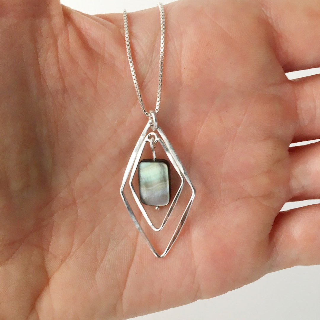 Double Diamond Pendant, Kite Shape Hammered Silver and Gray Shell ...