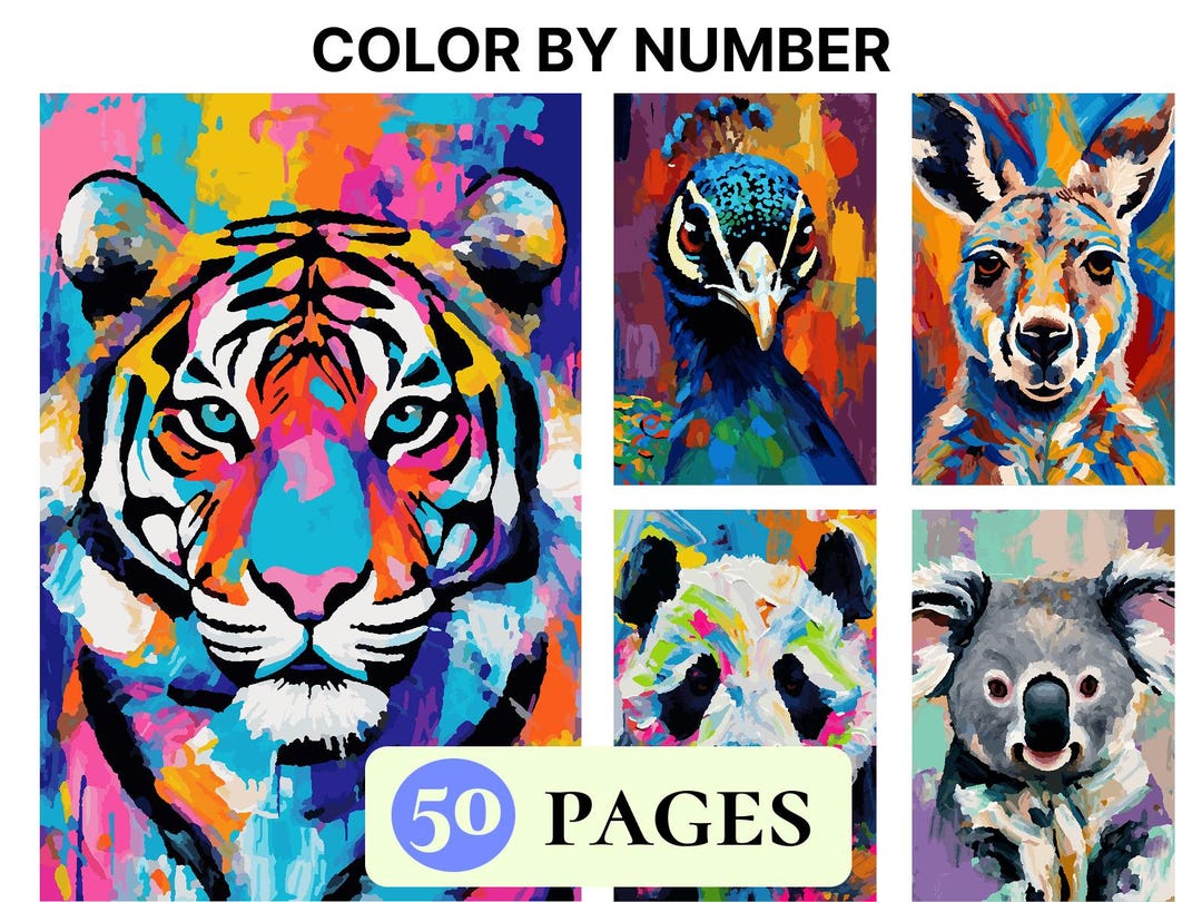 50 Pop Art Wildlife Color by Number Pages | Digital Coloring Pages ...