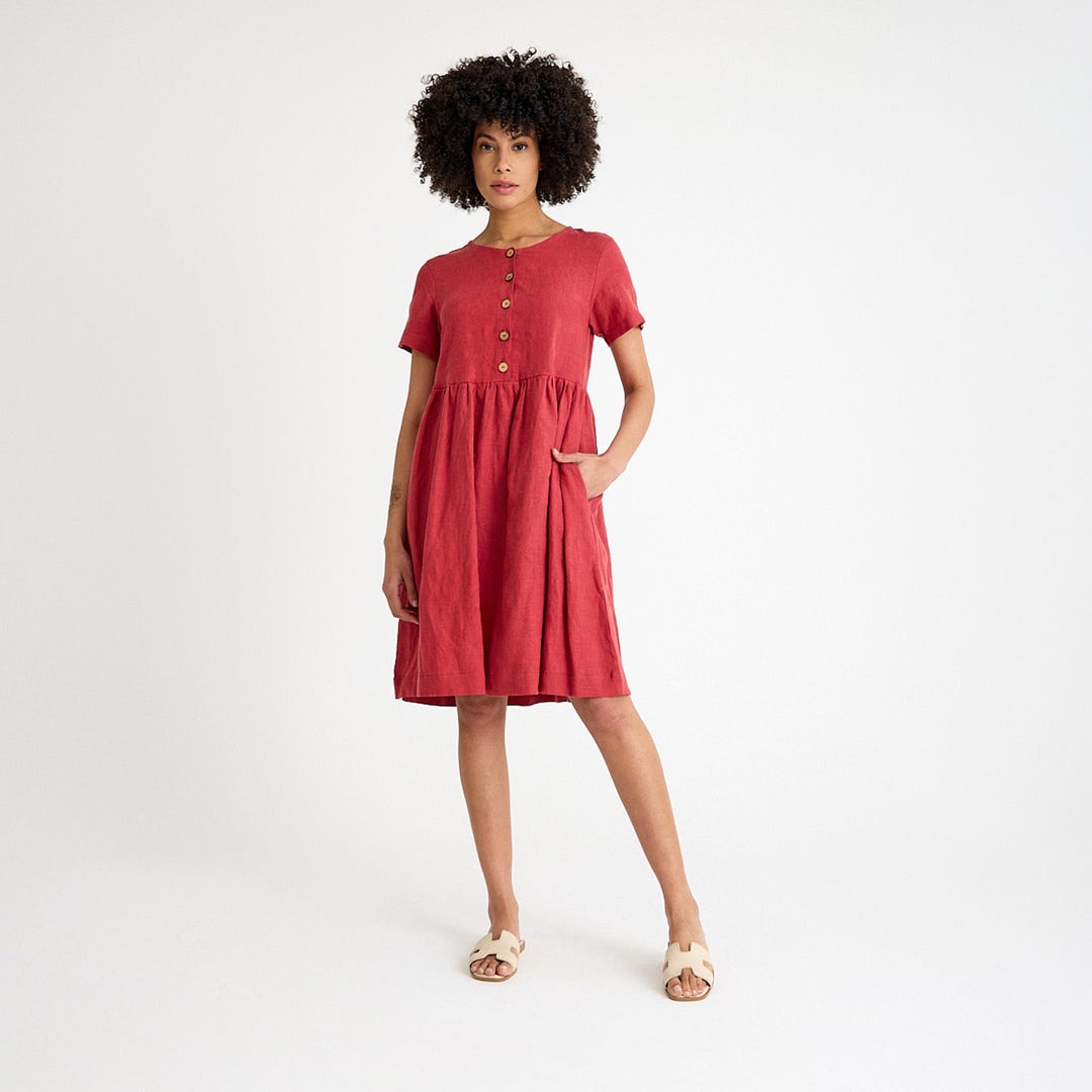 100% Linen Button-front Dress With Pockets – Comfy and Chic Mom Dress ...