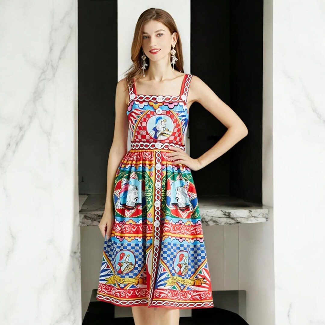 Handmade Italian Designer Sicily Knights Print Dress – Red Sleeveless ...