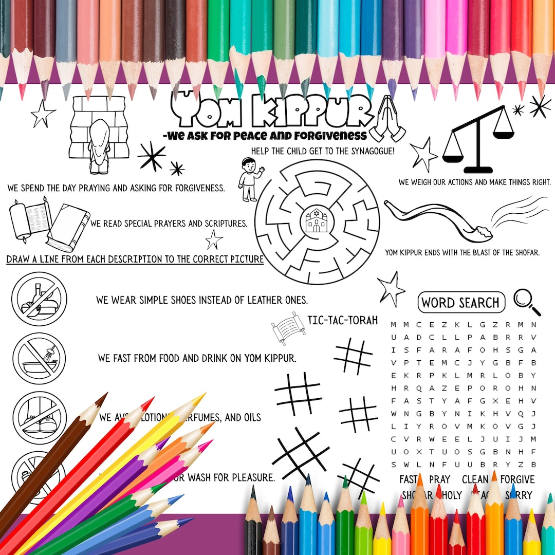 Yom Kippur Activity Mat: Jewish Holiday Games & Coloring (PDF ...