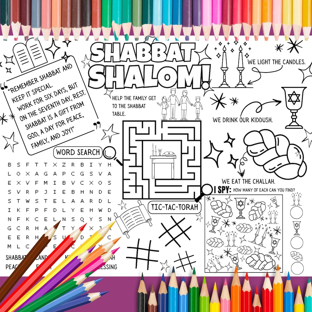 Shabbat Activity Mat for Kids | Printable Coloring, Games, and Word ...