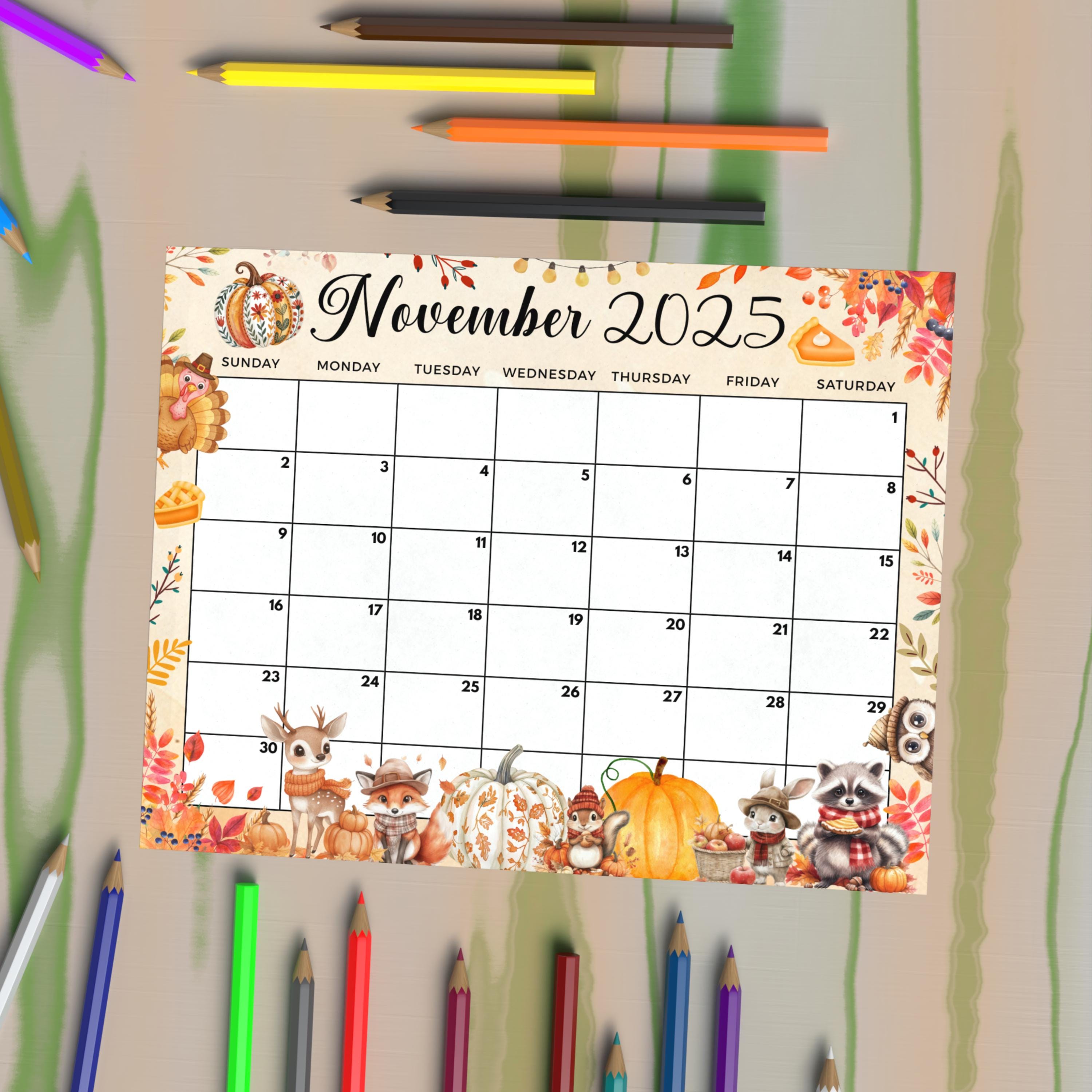 Editable November 2025 Calendar Thanksgiving Planner Autumn Monthly ...