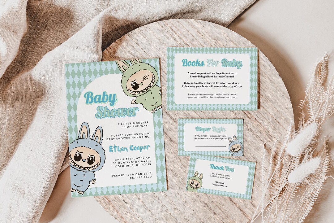 Labubu Baby Shower Boy Invitation Labubu the Monsters Bundle Editable ...