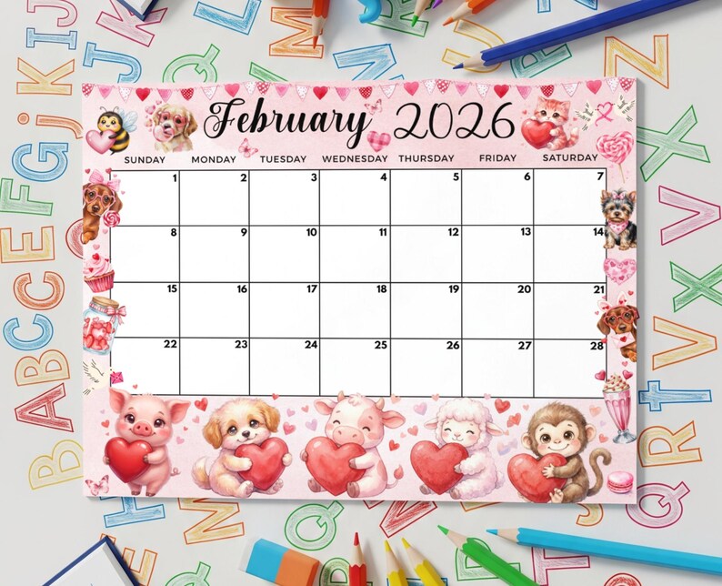 Editable February 2026 Calendar Planner Pink Valentines Day Monthly ...