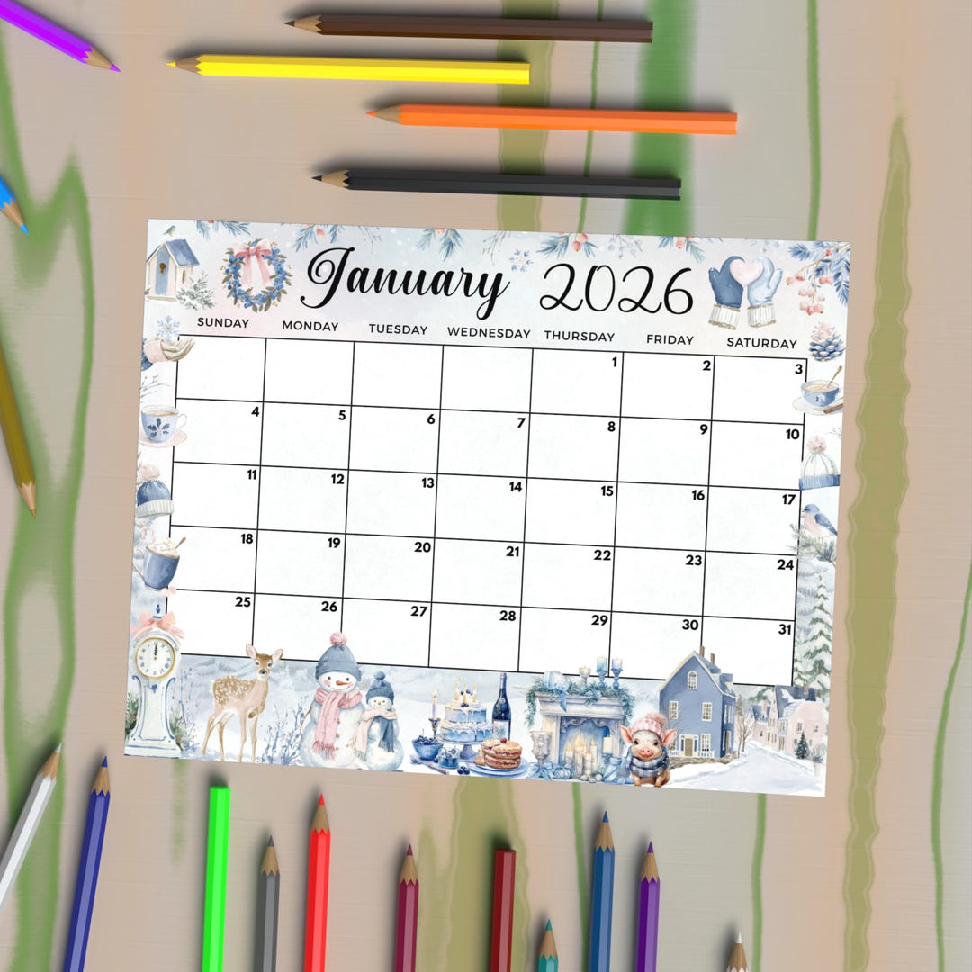 Editable January 2026 Calendar Pink Blue Winter Home Street Planner ...