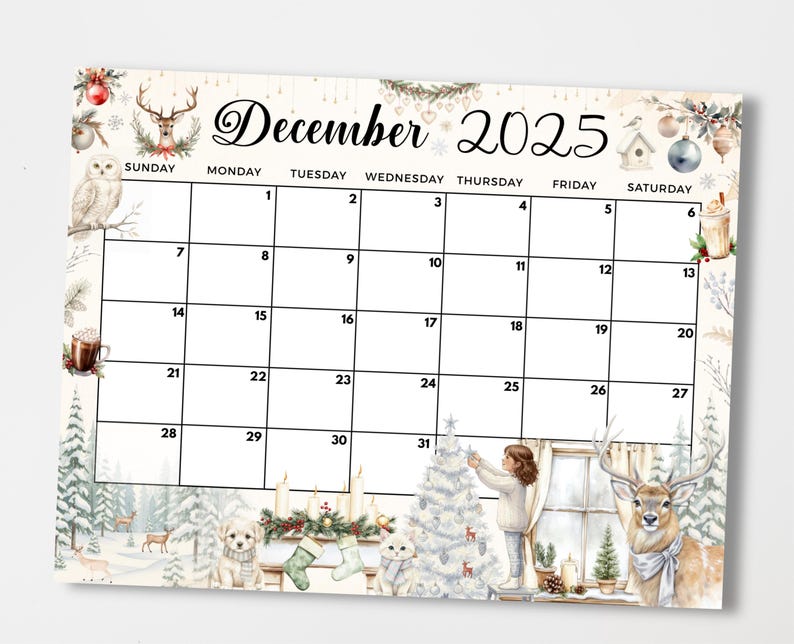 Editable December 2025 Calendar Winter Forest Christmas Planner Monthly ...
