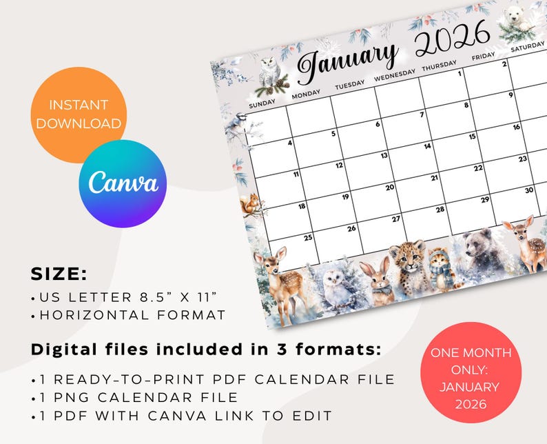 Editable January 2026 Calendar Winter Forest Animals Planner Monthly ...
