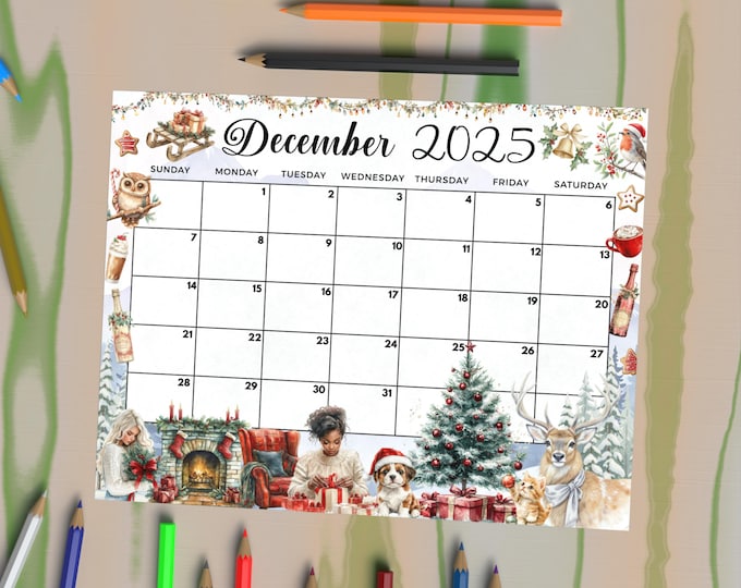 Calendario de diciembre de 2025 editable, Feliz Navidad, Casas nevadas ...