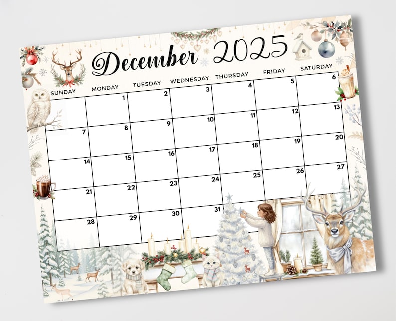Editable December 2025 Calendar Winter Forest Christmas Planner Monthly ...