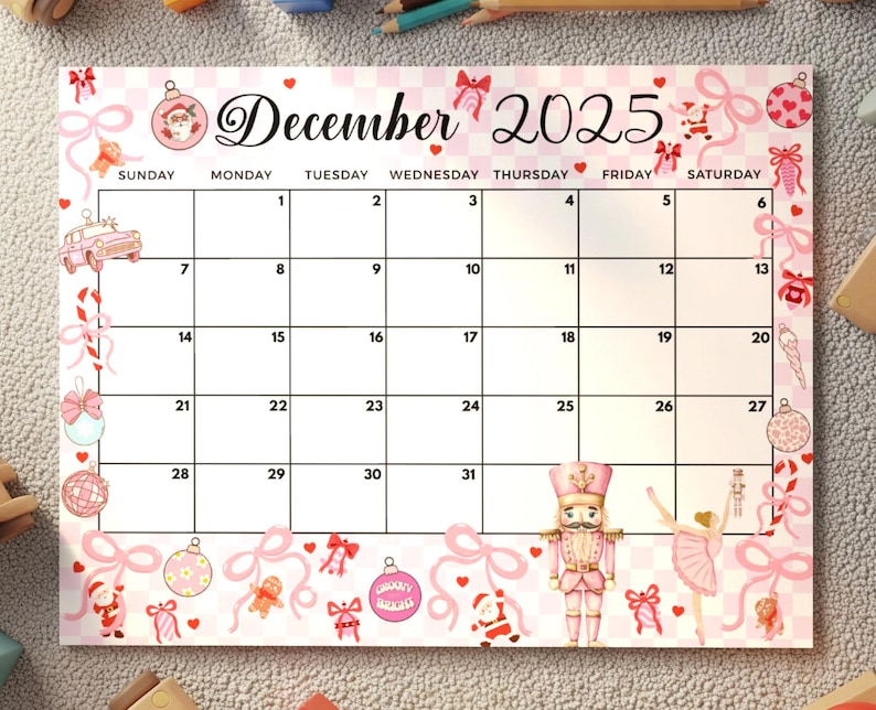 Editable December 2025 Calendar Christmas Planner Pink Bows Girly ...