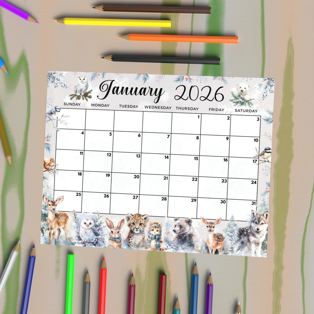 Editable January 2026 Calendar Winter Forest Animals Planner Monthly ...