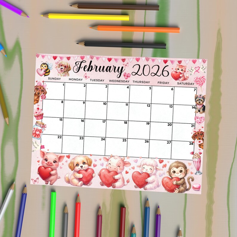 Editable February 2026 Calendar Planner Pink Valentines Day Monthly ...