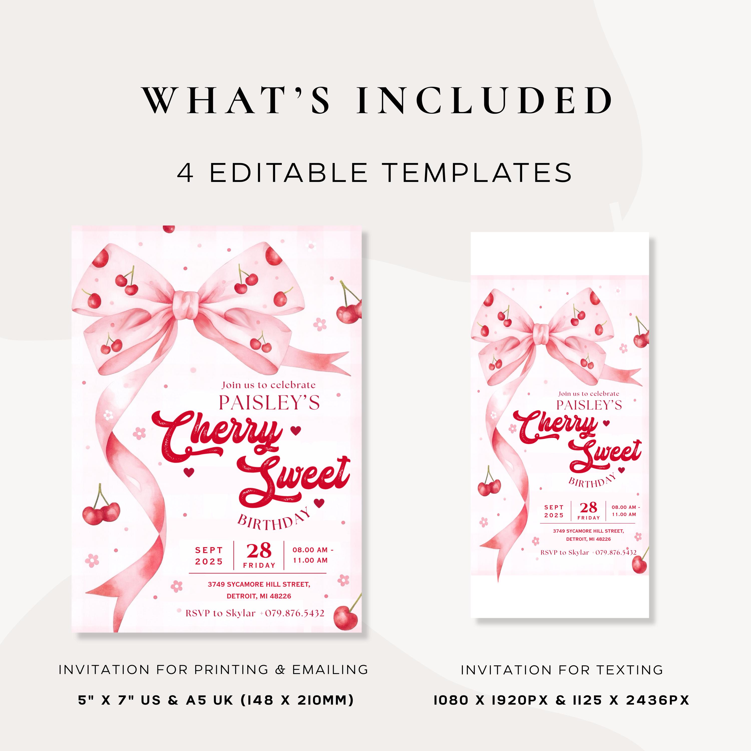 Cherry Birthday Invitation Cherry Sweet Girl Party Cherry Bow Birthday ...