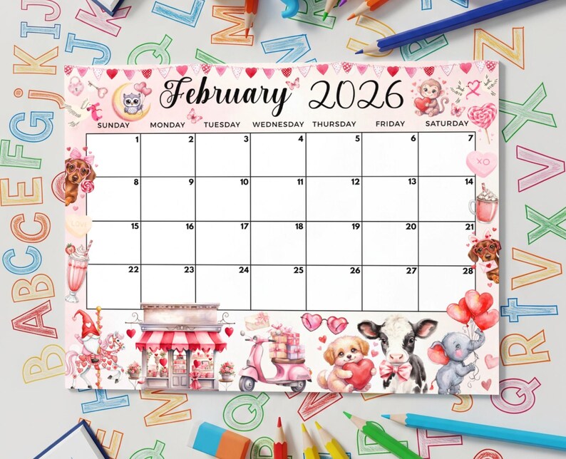Editable February 2026 Calendar Pink Valentines Day Planner Monthly ...