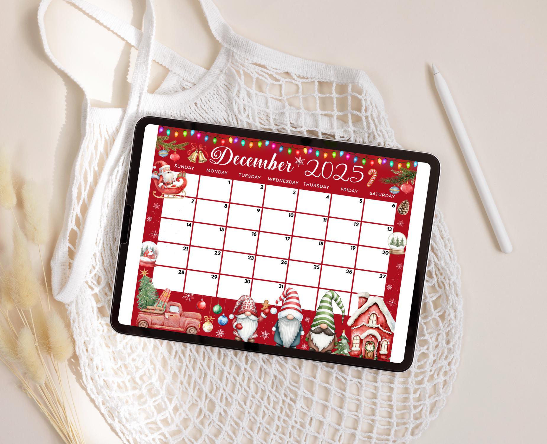 Editable December 2025 Calendar Christmas Planner Red Gnomes Theme ...