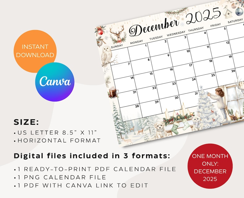 Editable December 2025 Calendar Winter Forest Christmas Planner Monthly ...