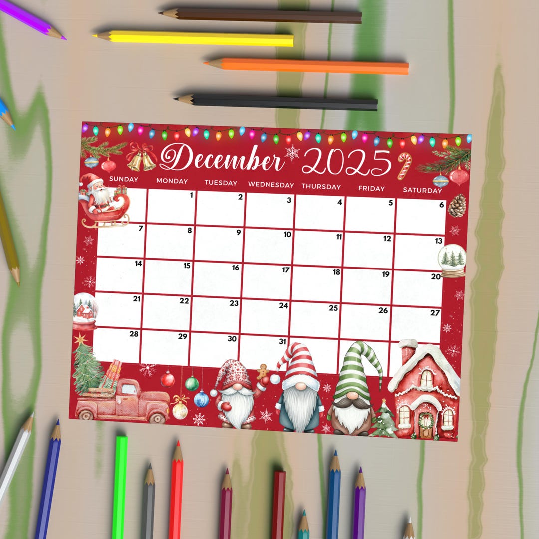 Editable December 2025 Calendar Christmas Planner Red Gnomes Theme ...